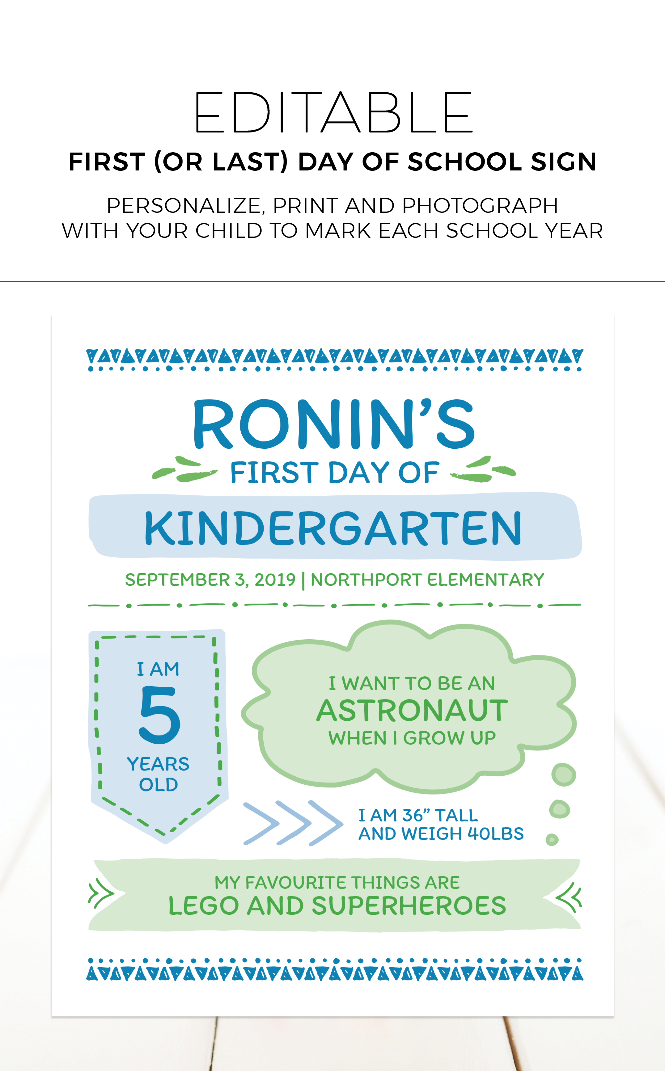 Kids First Day of School Sign Template | Blue and Green – ARRA Creative