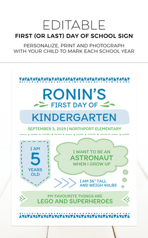 Kids First Day of School Sign Template | Blue and Green – ARRA Creative
