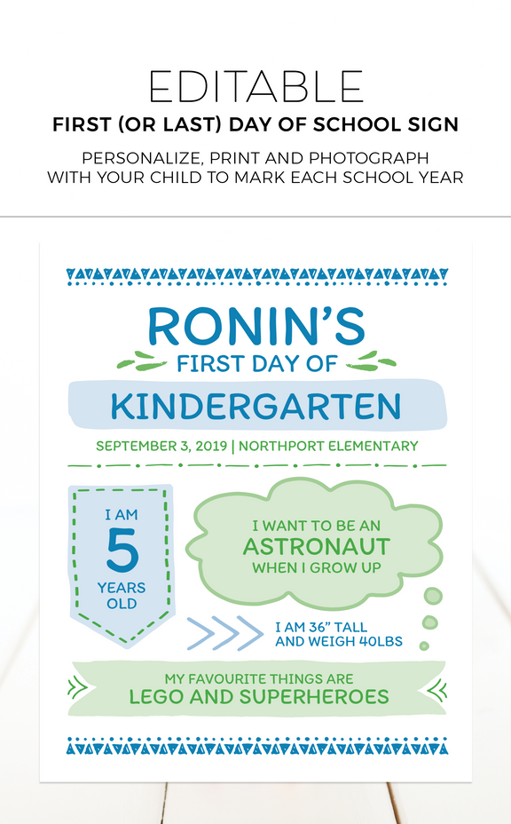 Kids First Day of School Sign Template | Blue and Green – ARRA Creative