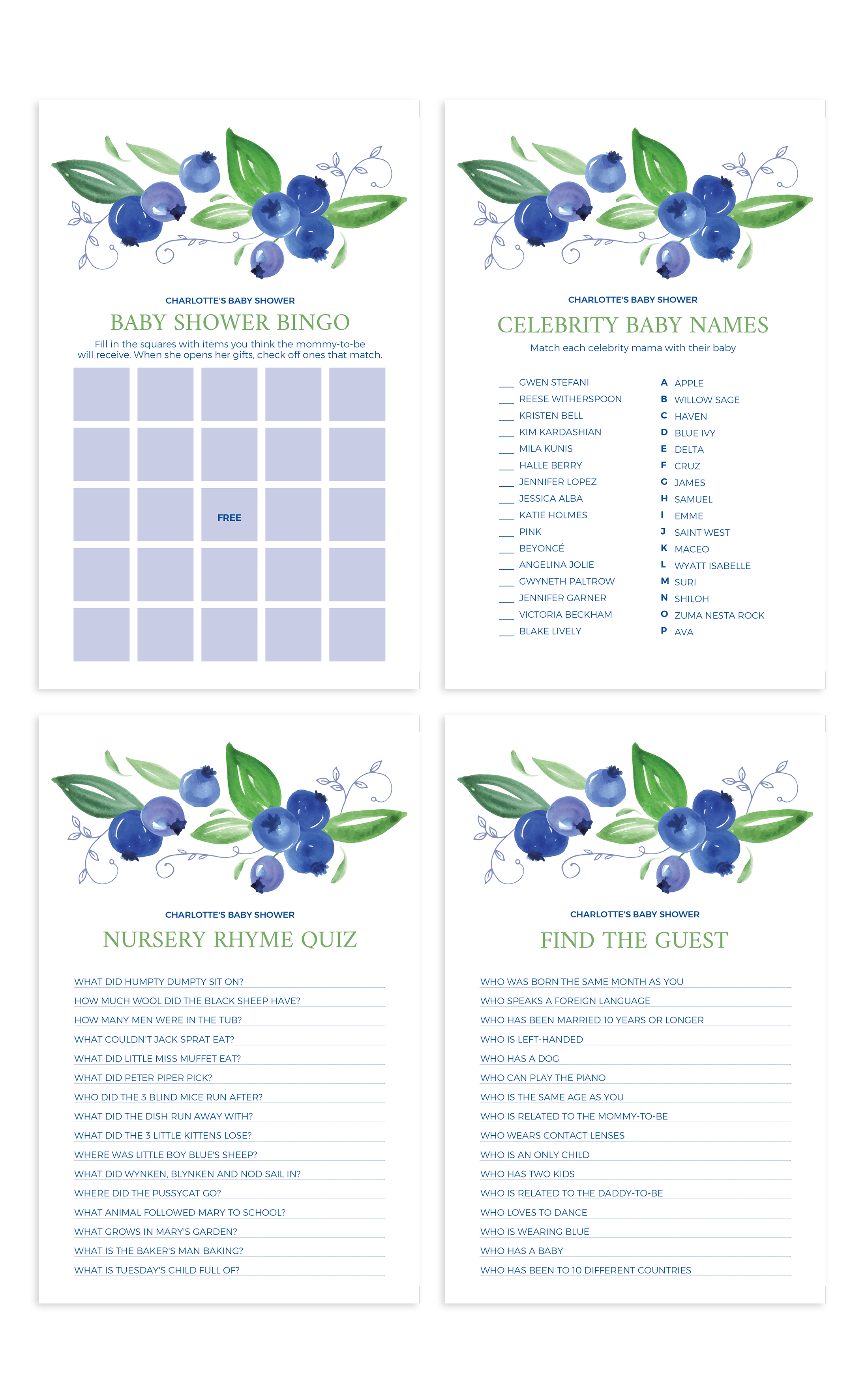 Printable Baby Shower Games Template | Blueberry Theme – ARRA Creative