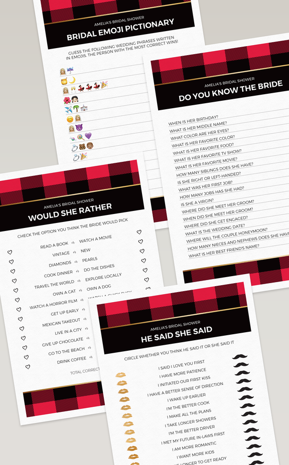 Printable Flannel Bridal Shower Games Bundle | Red and Black Plaid ...