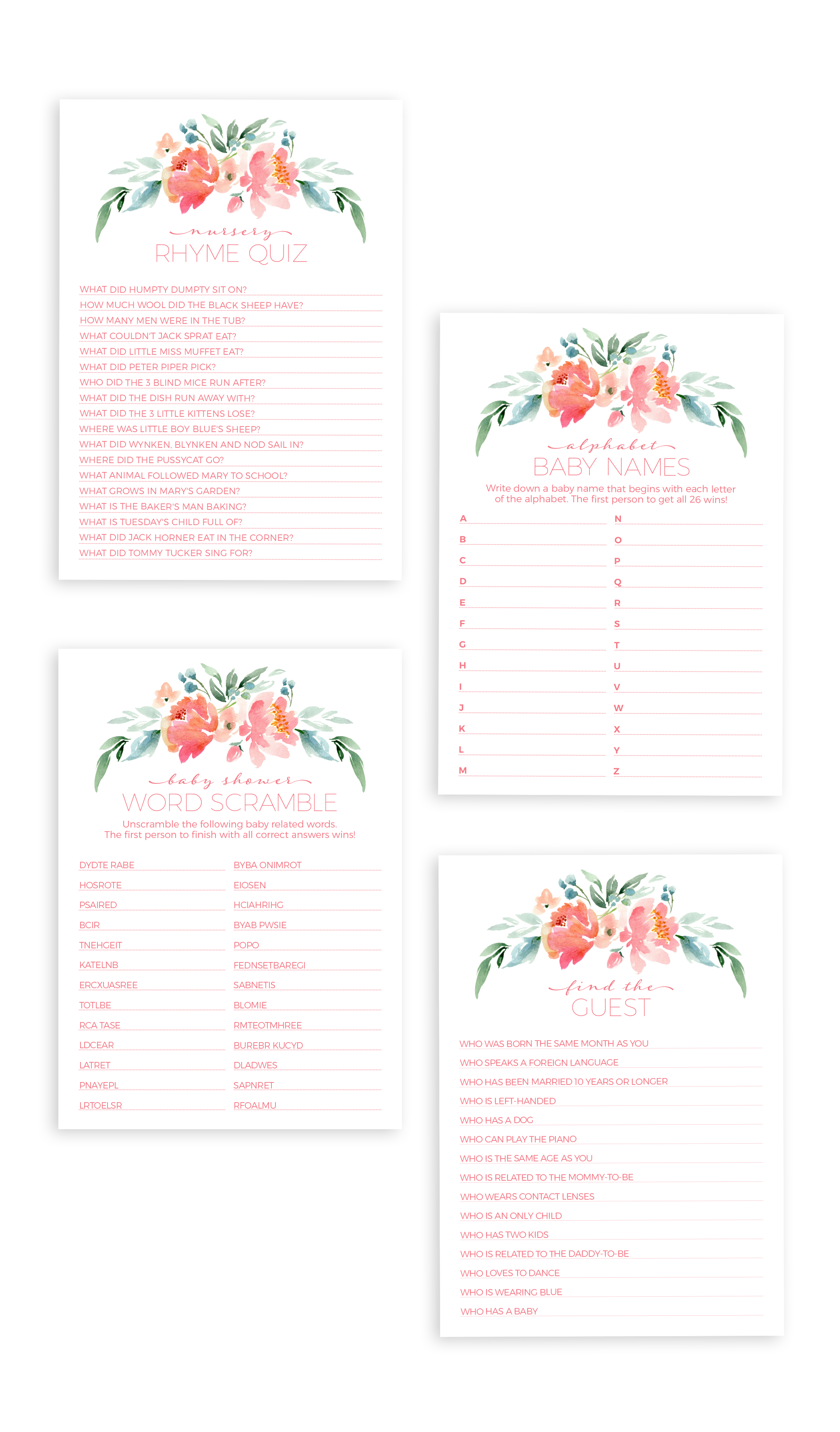 Floral Baby Shower Games Package – ARRA Creative