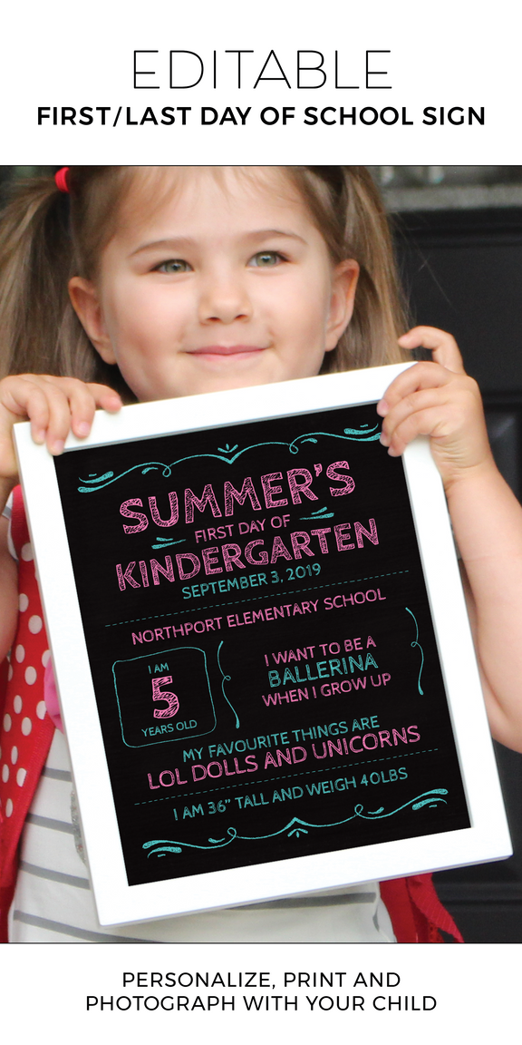 Chalkboard First Day of School Sign Template | Pink and Teal – ARRA ...