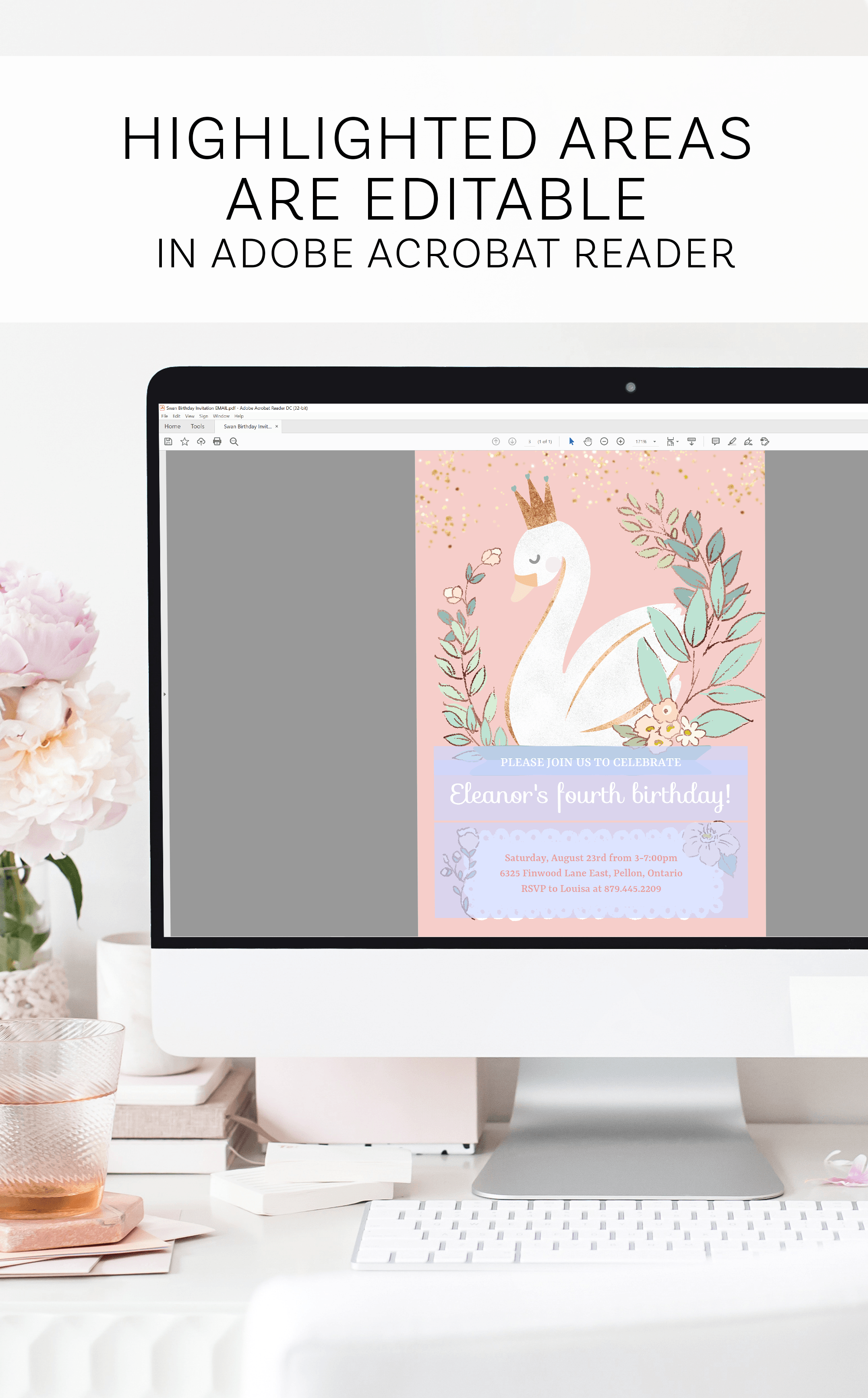 Swan Birthday Party Invitation | Editable Template – ARRA Creative